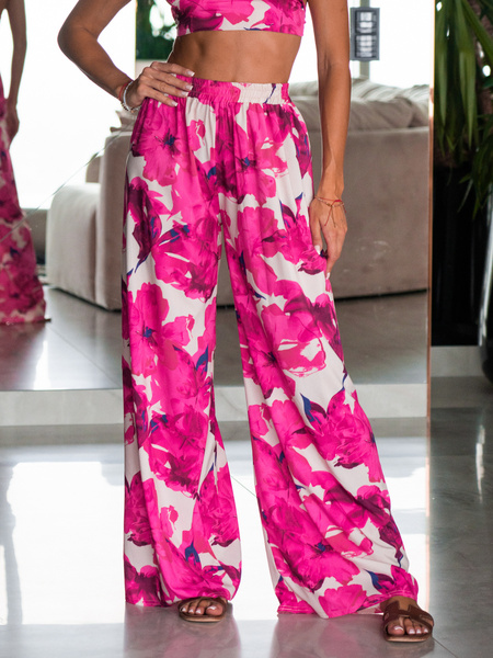 Szerokie SPODNIE ze zwiewnej letniej tkaniny różowe kwiaty E282 k01 ...